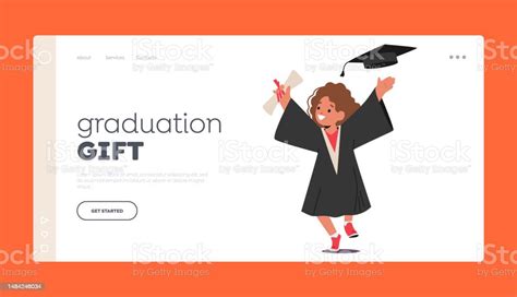 졸업 선물 랜딩 페이지 템플릿입니다 가운과 모자를 쓴 행복한 아이 캐릭터는 빛나는 미소로 학위를 받는다 졸업식에 대한 스톡 벡터