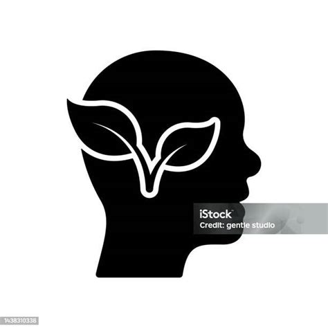 인간의 머리 실루엣 아이콘에 식물 잎과 사람의 뇌 환경 개념 글리프 픽토그램 나뭇가지 생태 아이디어 에코 사고 아이콘 녹색 자연 마음 기호입니다 고립된 벡터 그림