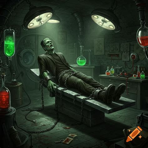 Frankenstein Chained To An Operating Table In A Dark Macabre