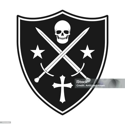 방패와 칼 십자가 해골 별 아이콘 팔의 외투 상징 문장 로고 기호입니다 벡터 일러스트 이미지입니다 문장에 대한 스톡 벡터 아트