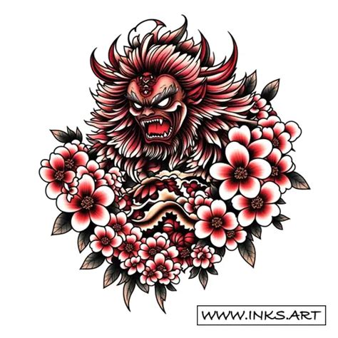 Tattoo Design Fierce Yokai With Cherry Blossoms Style Traditional