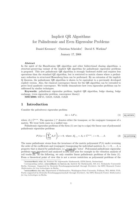Pdf Implicit Qr Algorithms For Palindromic And Even Eigenvalue Problems