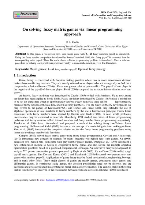 Pdf On Solving Fuzzy Matrix Games Via Linear Programming Approach