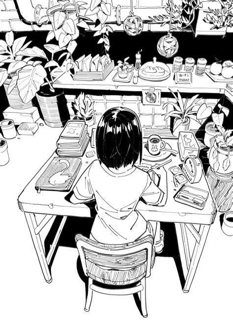 Ddal Original Commentary Request Highres 1girl Book Chair Cup Eraser Greyscale Holding