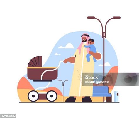 아랍 아버지는 작은 아기 아들과 야외에서 걷는 아버지 육아 개념 아빠는 그의 아이와 함께 시간을 보내고 가공의 인물에 대한 스톡 벡터 아트 및 기타 이미지 Istock
