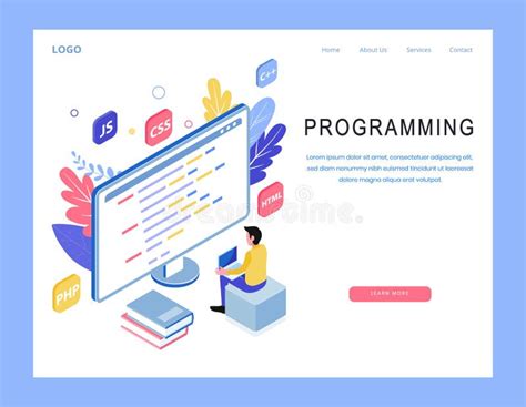 Programming Landing Page Design Pc With Program Code And Icons Java