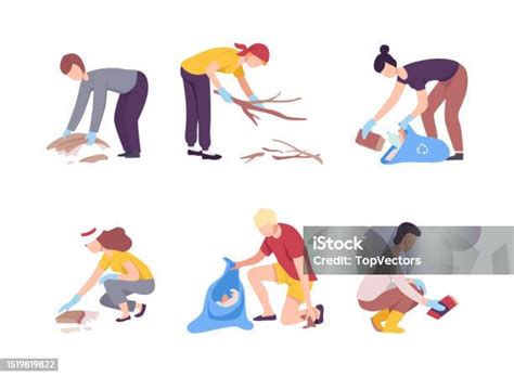 쓰레기에서 도시 공원과 해변을 청소하는 자원 봉사자들 남성과 여성 캐릭터는 쓰레기를 가방에 모은다 환경 보호 개념 만화 벡터 쓰레기 투척에 대한 스톡 벡터 아트 및 기타