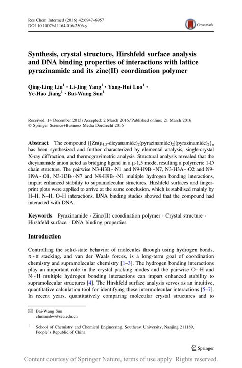 Synthesis Crystal Structure Hirshfeld Surface Analysis And Dna Binding Properties Of