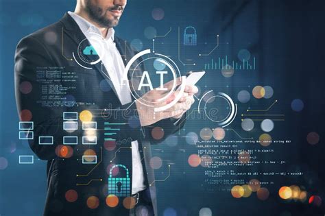 Close Up Of Male Hands Using Smartphone With Glowing Blurry Ai Hologram