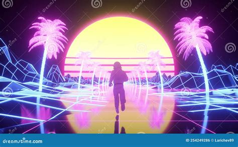 Astronaut Runs Surrounded By Flashing Neon Lights Retro 80s Style