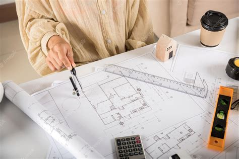 Premium Photo Architect Drawing With Divider Compass On House Plan