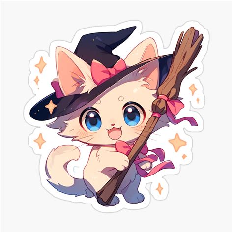 Cute Kawaii Halloween White Witches Cat With A Broom By Cozykawaiiart
