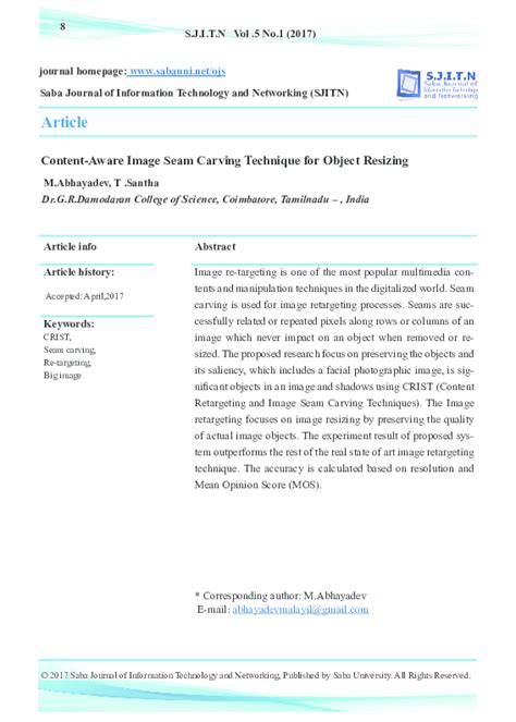 Pdf Vol 5 No 1 Content Aware Image Seam Carving Technique For Object Resizing