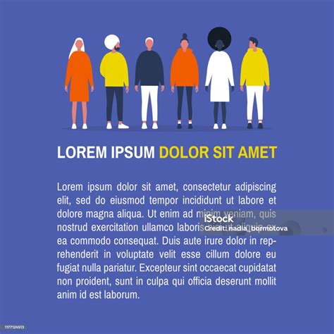 로렘 입섬 여기에 텍스트 한 무리의 청년 성인들이 줄을 서 있다 다양성 커뮤니티 팀 워크 문서 일러스트레이션 디자인 디지털 콘텐츠 성공에 대한 스톡 벡터 아트 및 기타