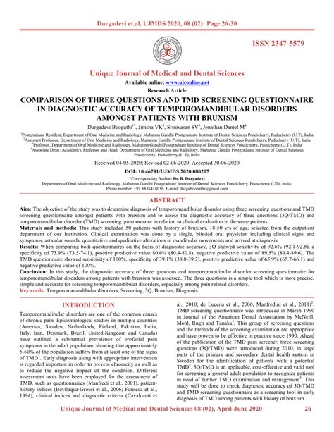 Pdf Comparison Of Three Questions And Tmd Screening Questionnaire In