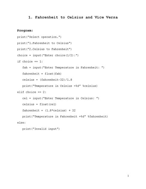 Python Programming Lab Manual 1 Fahrenheit To Celsius And Vice Versa Program Printselect