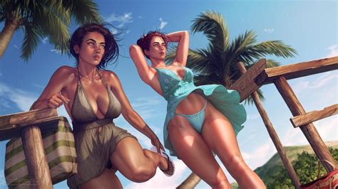 Rule 34 2girls Beach Blue Dress Breasts Cleavage Clothed Dress Female