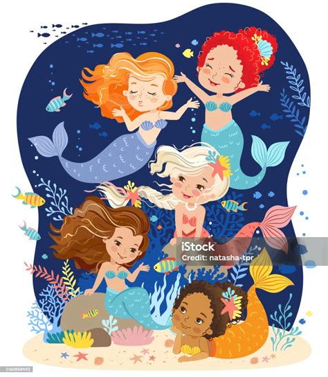 손으로 그린 벡터 일러스트 레이 션 그룹은 수중 세계에서 귀여운 인어입니다 어린이를 위한 만화 배경입니다 산호초의 수중 해양 생물 검정 머리에 대한 스톡 벡터 아트 및 기타