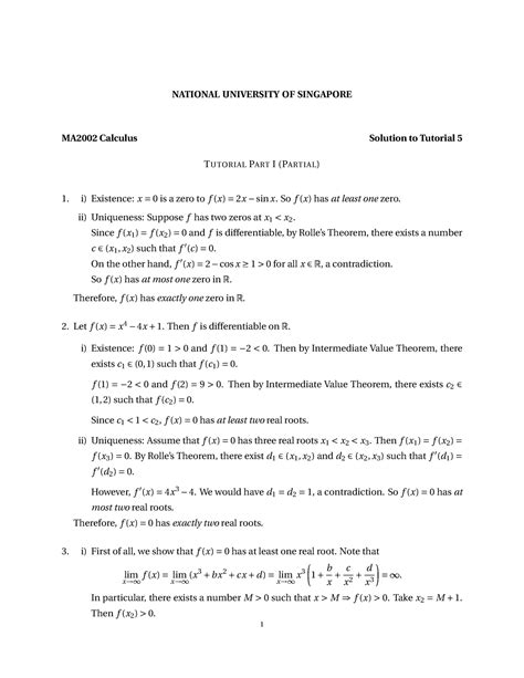 Tutorial 5 Solution DXXXXXXXXXXX NATIONAL UNIVERSITY OF SINGAPORE MA2002 Calculus Solution