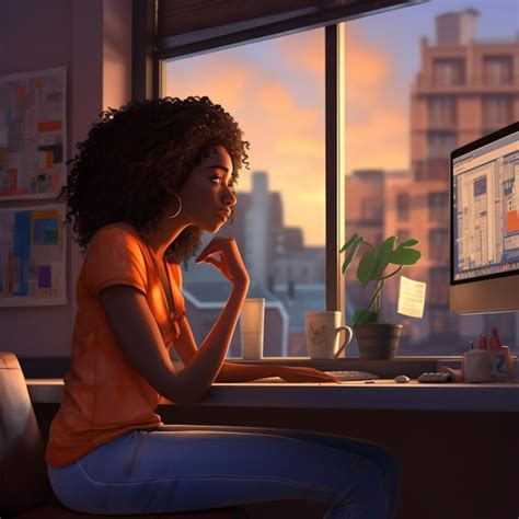 Premium Ai Image Woman Sitting At A Desk With A Computer And A Plant Generative Ai
