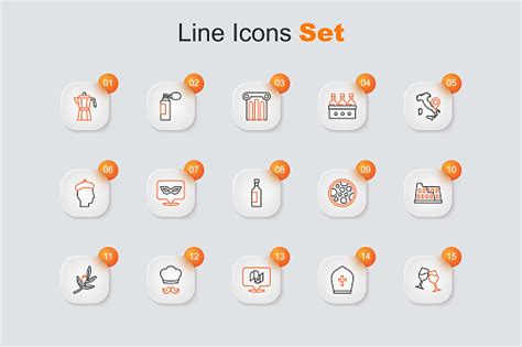 세트 라인 와인 잔 교황 모자 깃발 이탈리아 이탈리아 요리사 올리브 지점 콜로세움 피자 및 와인 아이콘 병 벡터 교황에 대한 스톡 벡터 아트 및 기타 이미지 Istock