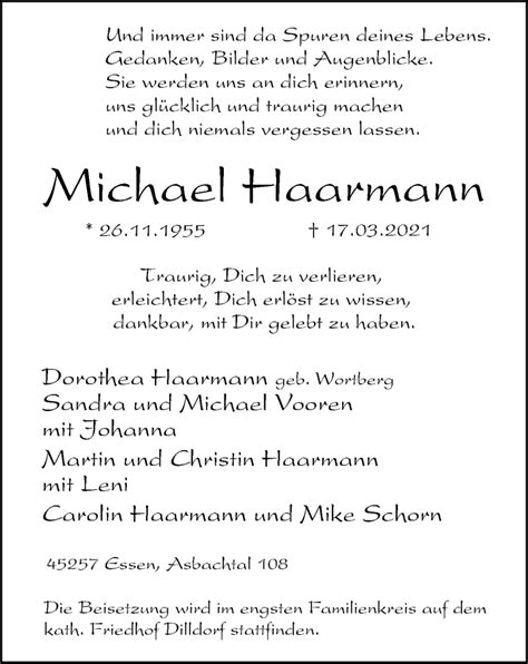 Traueranzeigen Von Michael Haarmann Trauer In Nrw De