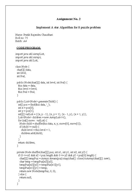 Ai Ass 2 Java Sass Assignment No 2 Implement A Star Algorithm