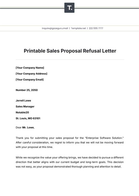 Free Printable Sales Proposal Refusal Letter Template To Edit Online