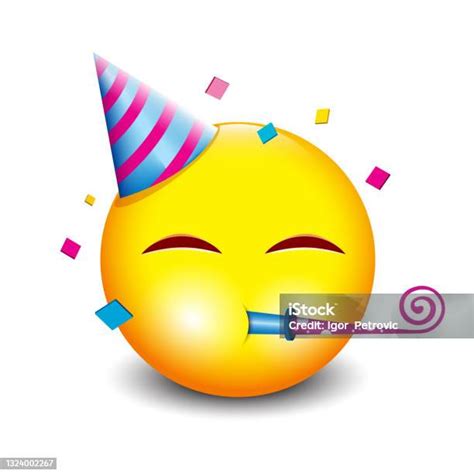 귀여운 파티 이모티콘 생일 모자와 색종이와 행복한 얼굴 고립 된 벡터 일러스트 이모티콘에 대한 스톡 벡터 아트 및 기타 이미지
