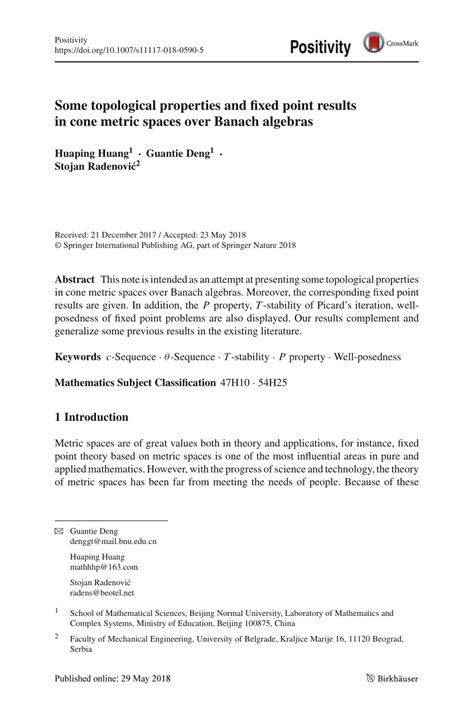 Pdf Positivity A Note On Topological Properties Of Cone Metric Spaces Over Banach Algebras