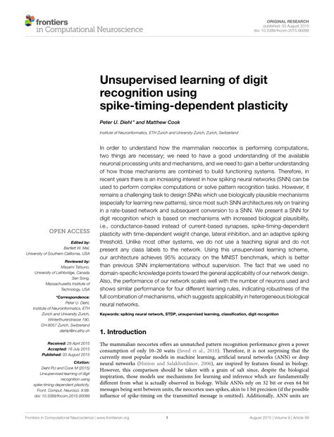 Pdf Unsupervised Learning Of Digit Recognition Using Spike Timing Dependent Plasticity