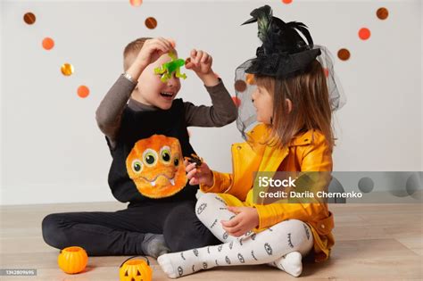 귀여운 어린 소녀와 소년 마녀와 거미 의상집에서 재생 할로윈 파티 의상에 대한 스톡 사진 및 기타 이미지 의상 할로윈 2명 Istock
