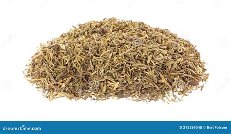 Side View Of A Portion Of Organic Thyme Leaf Isolated On A White