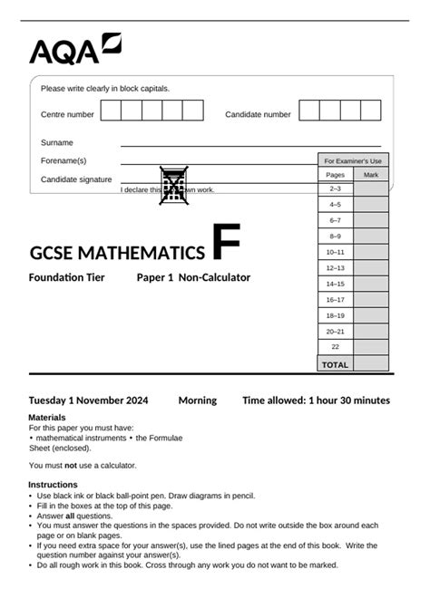 2025 Aqa Gcse Maths Foundation Paper 1 Full Exam Document Questions