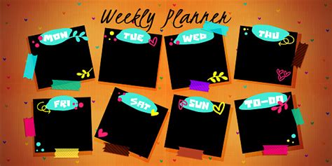 플래너 만화 스타일의 주간 할 일 목록 하트가 있는 추상 골판지 복고풍 배경에 메모가 있는 할 일 목록 스티커 개성 개념에 대한 스톡 벡터 아트 및 기타 이미지 Istock