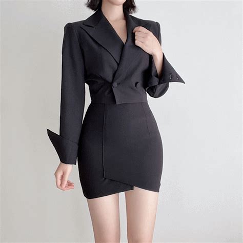 자체제작자켓set 아이브 크롭 슬림핏 가을 숏 자켓 H라인 트임 스커트 원피스 투피스 정장 셋업 세트 블랙그레이