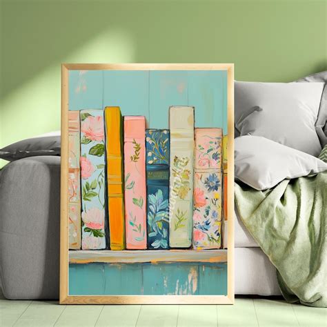 Pastel Bookshelf Print Dreamy Book Lover Wall Art Soft Blue And