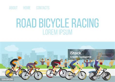 도로 자전거 경주 스포츠 대회 만화 웹 템플릿 벡터 일러스트 레이션 유니폼과 헬멧을 착용하고 자전거를 타는 사이클리스트 그룹과