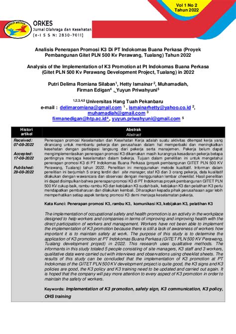 Pdf Analysis Of The Implementation Of K3 Promotion At Pt Indokomas Buana Perkasa Gitet Pln