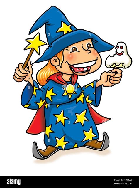 Cartoon Art Illustration Young Girl In Fancy Dress As Wizard Witch