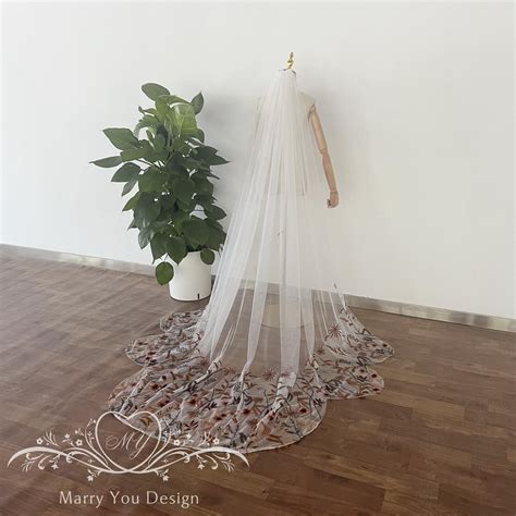 Autumn Leaves Wedding Veilscalloped Brown Floral Lace Veil For Fall
