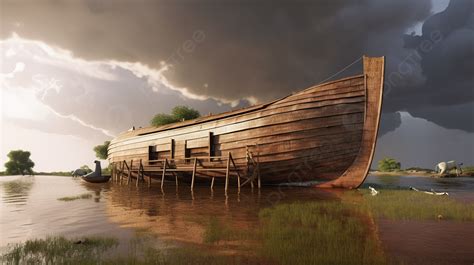 Noah S Boat Resting On The Shore Against A Stormy Sky Background