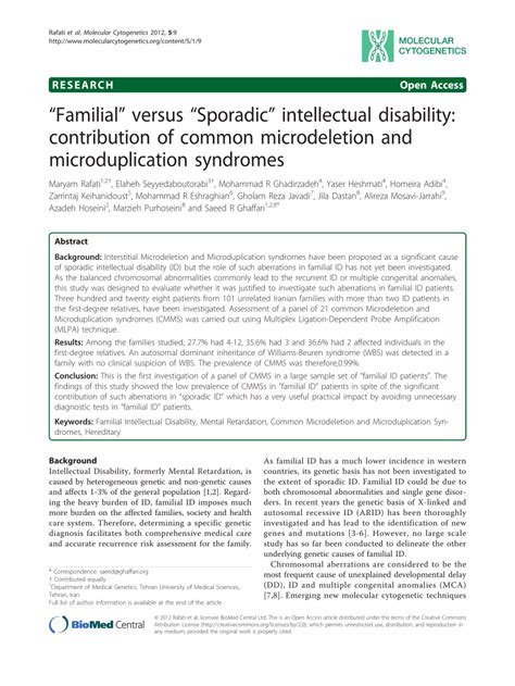 Pdf Familial Versus Sporadic Intellectual Disability Contribution Of Common Microdeletion
