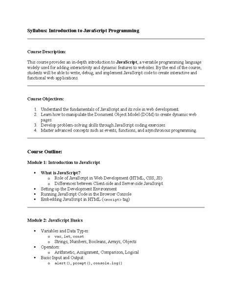Introduction To Java Script Programming Syllabus Introduction To