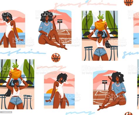 손으로 그린 벡터 추상 스톡 플랫 그래픽 일러스트 러니 무늬 와 젊은 행복 한 블랙 Afro 미국 뷰티 여성 흰색 배경에 고립 된 일상 장면 가정 생활에 대한 스톡 벡터