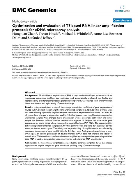 Pdf Optimization And Evaluation Of T7 Based Rna Linear Amplification Protocols For Cdna