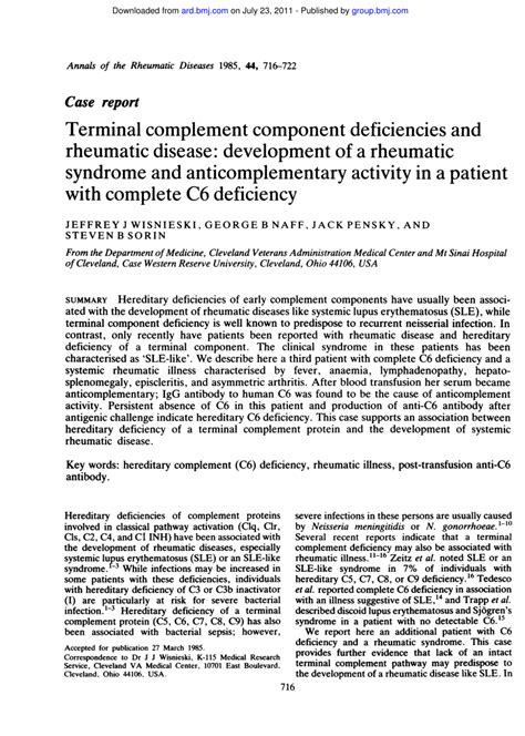 Pdf Terminal Complement Component Deficiencies And Rheumatic Disease