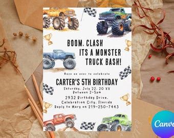 Printable Preppy Monster Truck Birthday Invitation Boom Crash