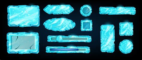 아이스 게임 버튼 벡터 세트 얼어 붙은 겨울 Ui 아이콘 키트 만화 크리스탈 패널 프레임 파란색 유리 간판 보드 누름 버튼에 대한 스톡 벡터 아트 및 기타 이미지 Istock