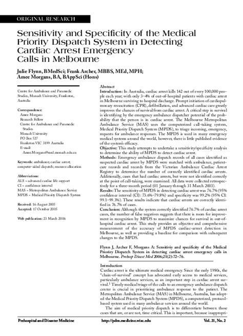 Pdf Sensitivity And Specificity Of The Medical Priority Dispatch System In Detecting Cardiac